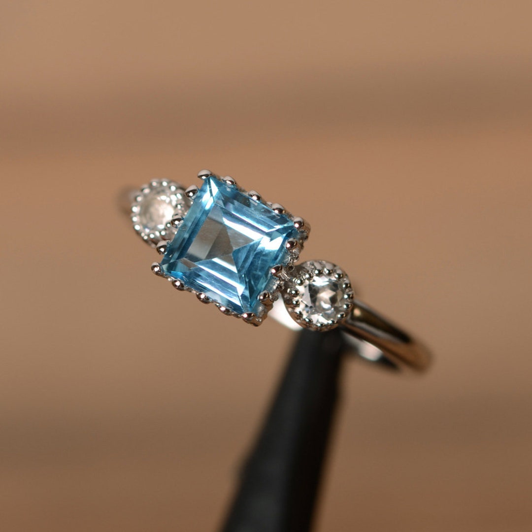 Swiss Blue Topaz Ring Silver Multistone Ring Square Cut Blue Gemstone ...