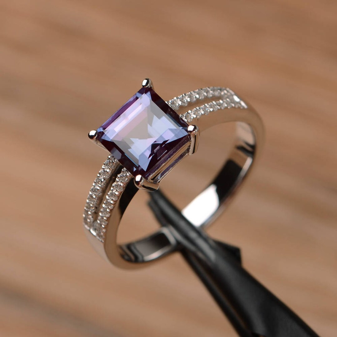 Lab Alexandrite Ring Engagement Ring Square Cut Solid Sterling Silver ...