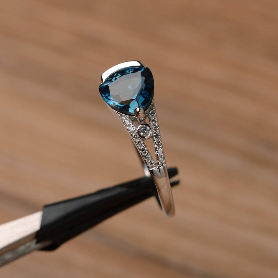 Unique London Blue Topaz Engagement Ring Triangle Cut Solid - Etsy