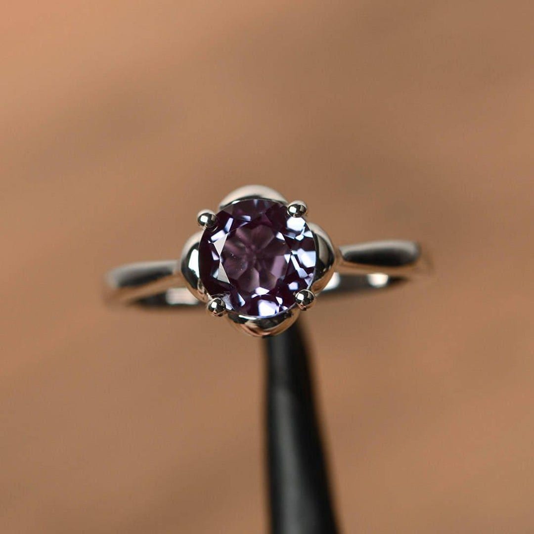 Round Cut Alexandrite Wedding Rings Color Changing Gemstone Sterling ...