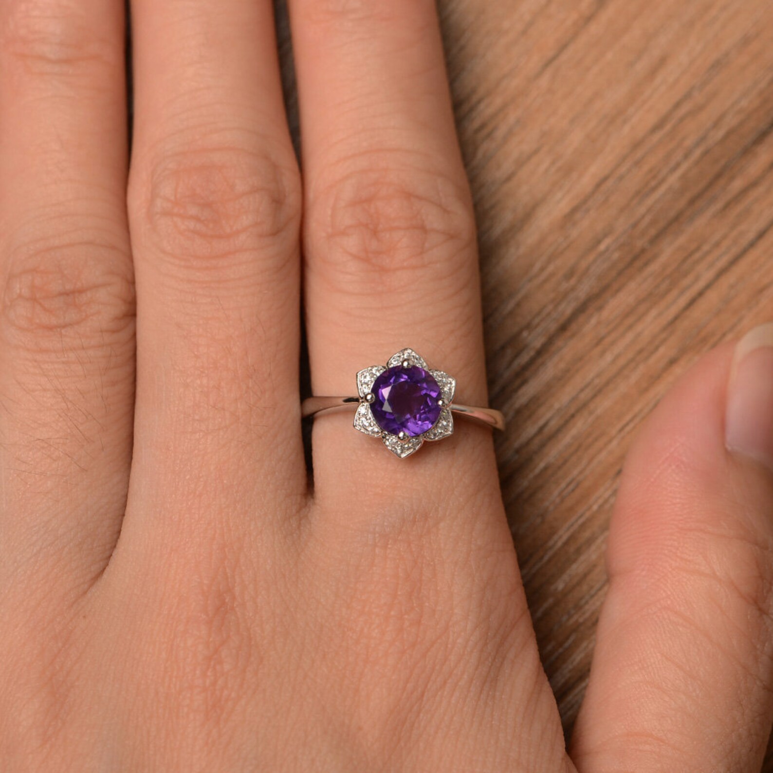 Natural Amethyst Ring Sterling Silver Round Cut Halo | Etsy