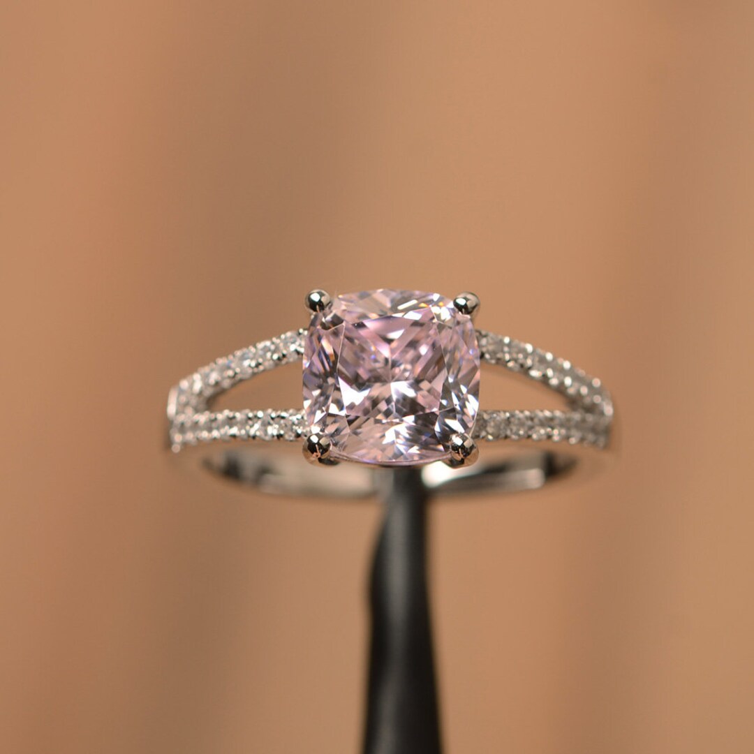 Pink Cubic Zirconia Ring Cushion Cut Gemstone Ring Sterling Silver Ring ...