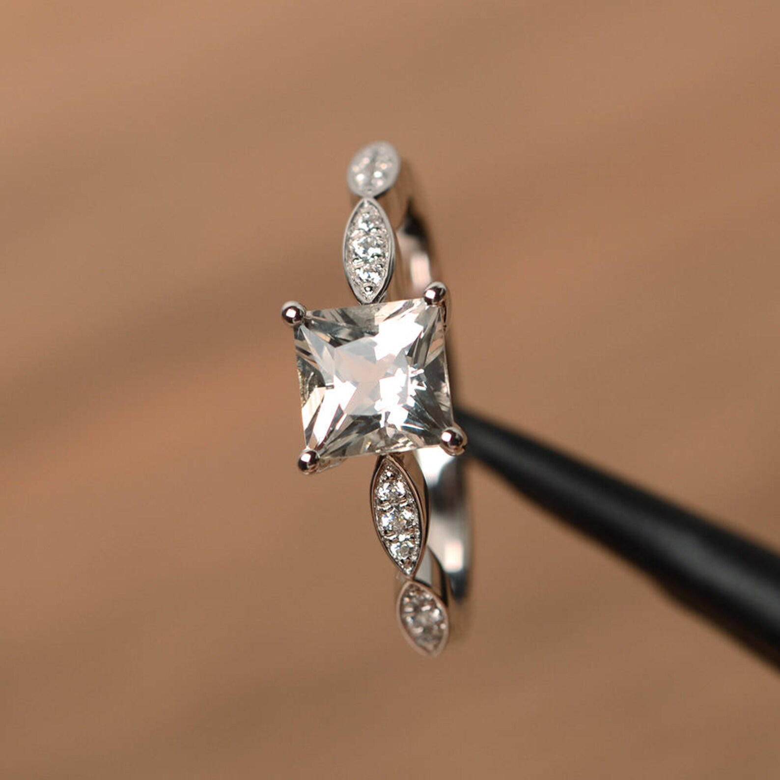 Natural White Topaz Rings Anniversary Rings Princess Cut Rings Sterling ...