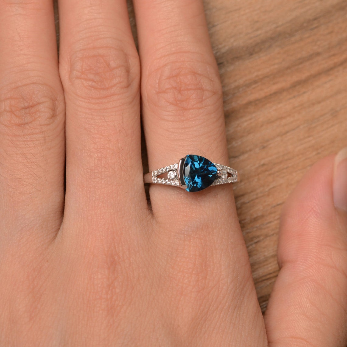 Unique London Blue Topaz Engagement Ring Triangle Cut Solid | Etsy