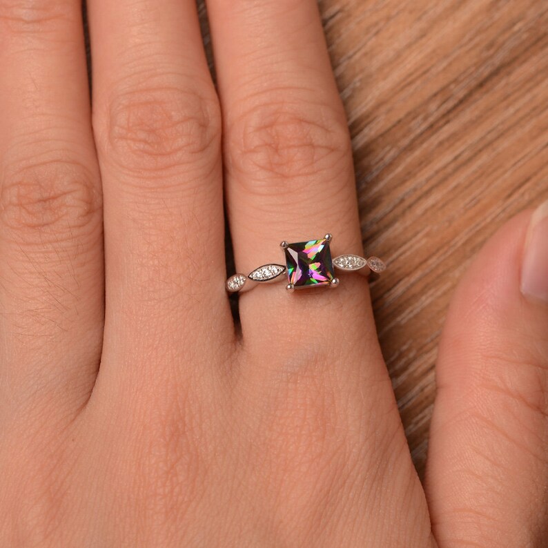 Unique wedding rings princess cut mystic topaz rings rainbow | Etsy