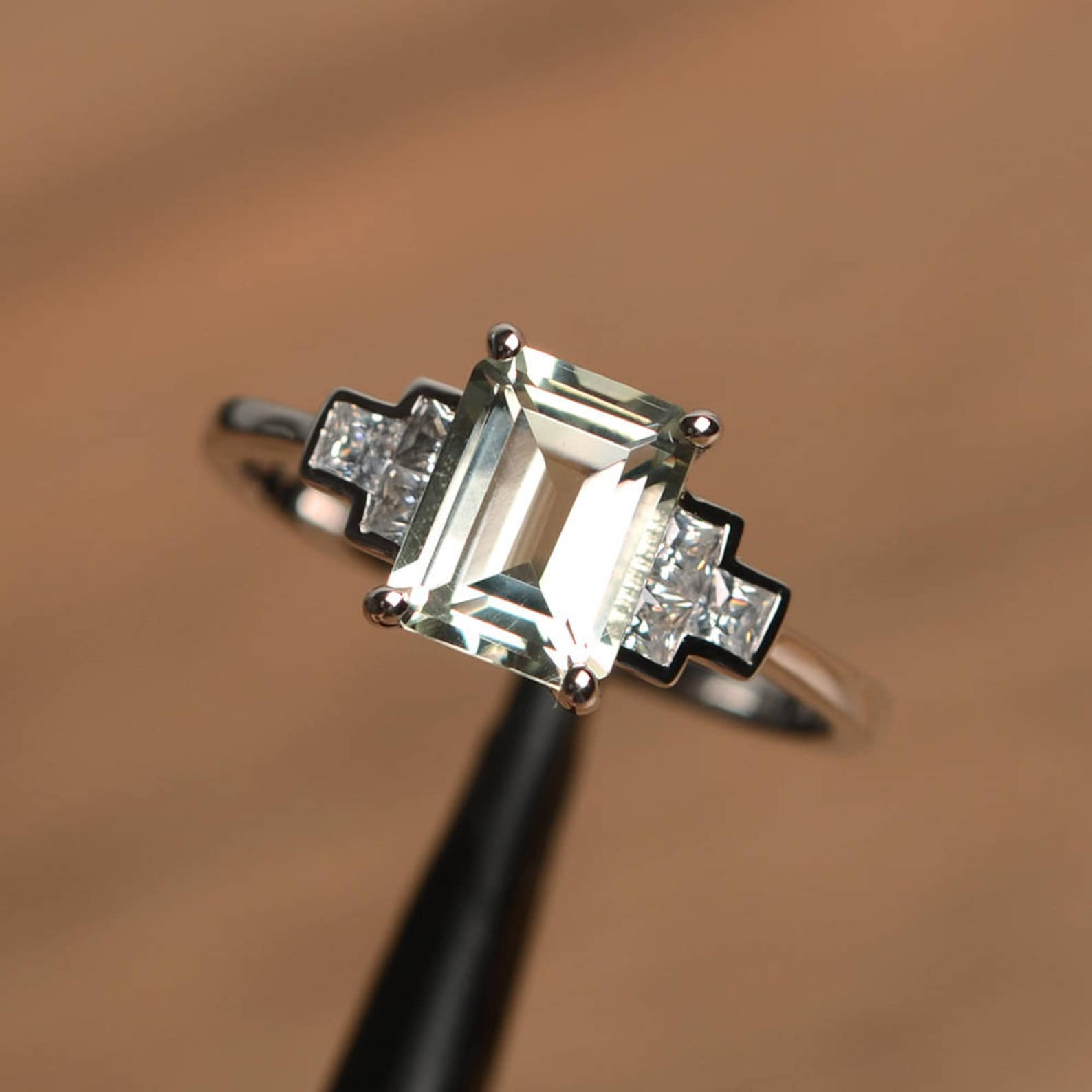 Green Amethyst Engagement Ring Emerald Cut Sterling Silver | Etsy