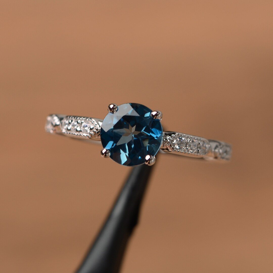 London Blue Topaz Ring Round Cut Blue Topaz Ring Anniversary Ring ...