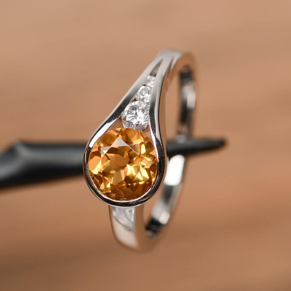 Citrine Ring Sterling Silver Round Cut Yellow Gemstone | Etsy
