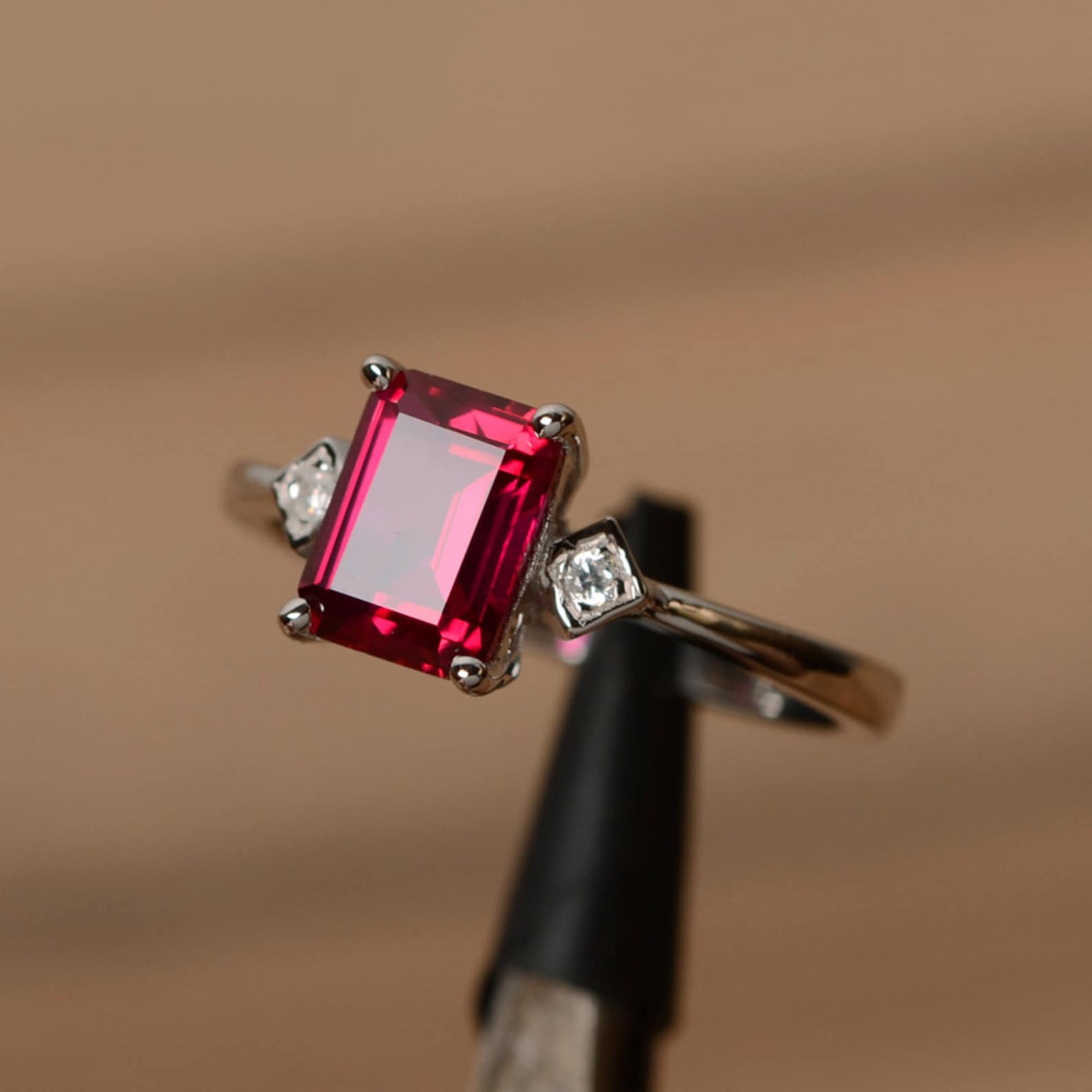 Lab Ruby Ring Emerald Cut Gemstone Ring July Birthstone Ring - Etsy