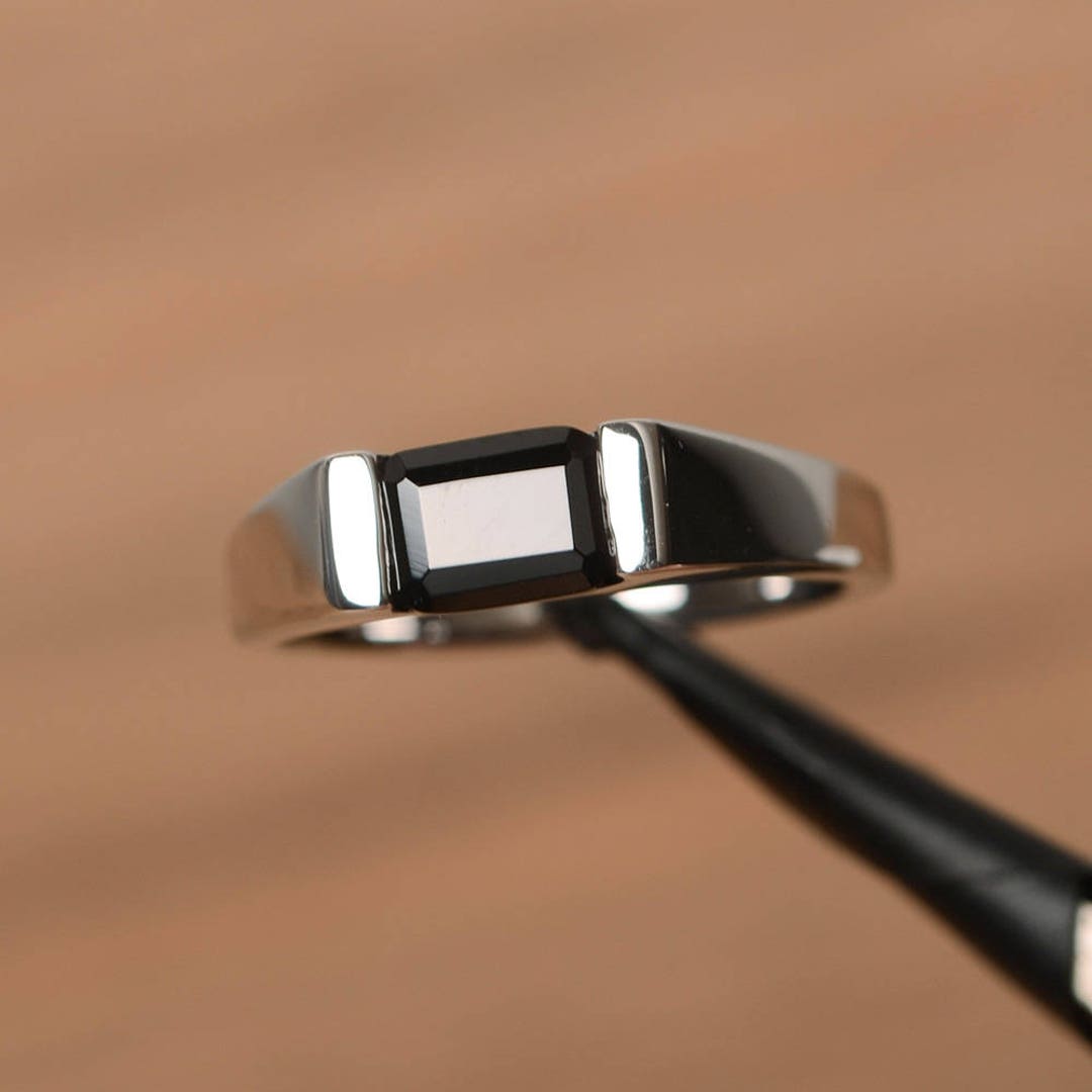 Horizontal Proposal Ring Natural Black Spinel Ring Emerald Cut Black ...