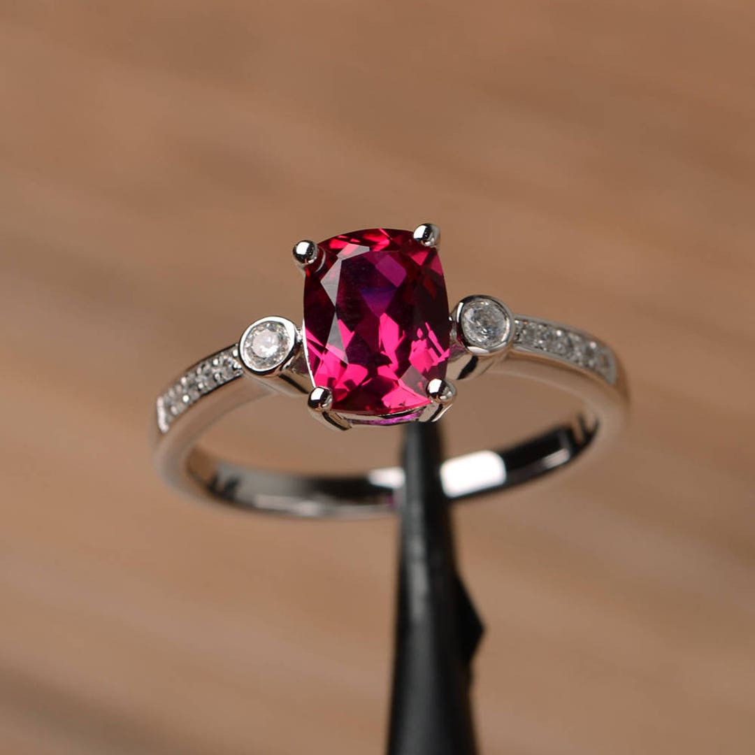 Lab Ruby Ring Cushion Cut Sterling Silver Engagement Wedding Ring July ...