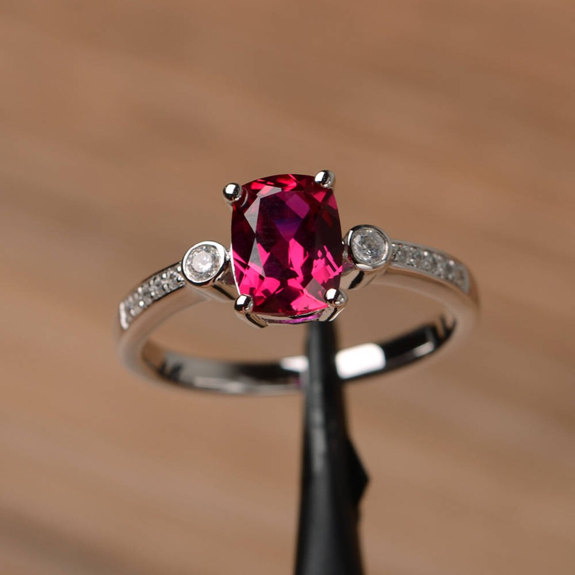 Lab Ruby Ring Cushion Cut Sterling Silver Engagement Wedding - Etsy