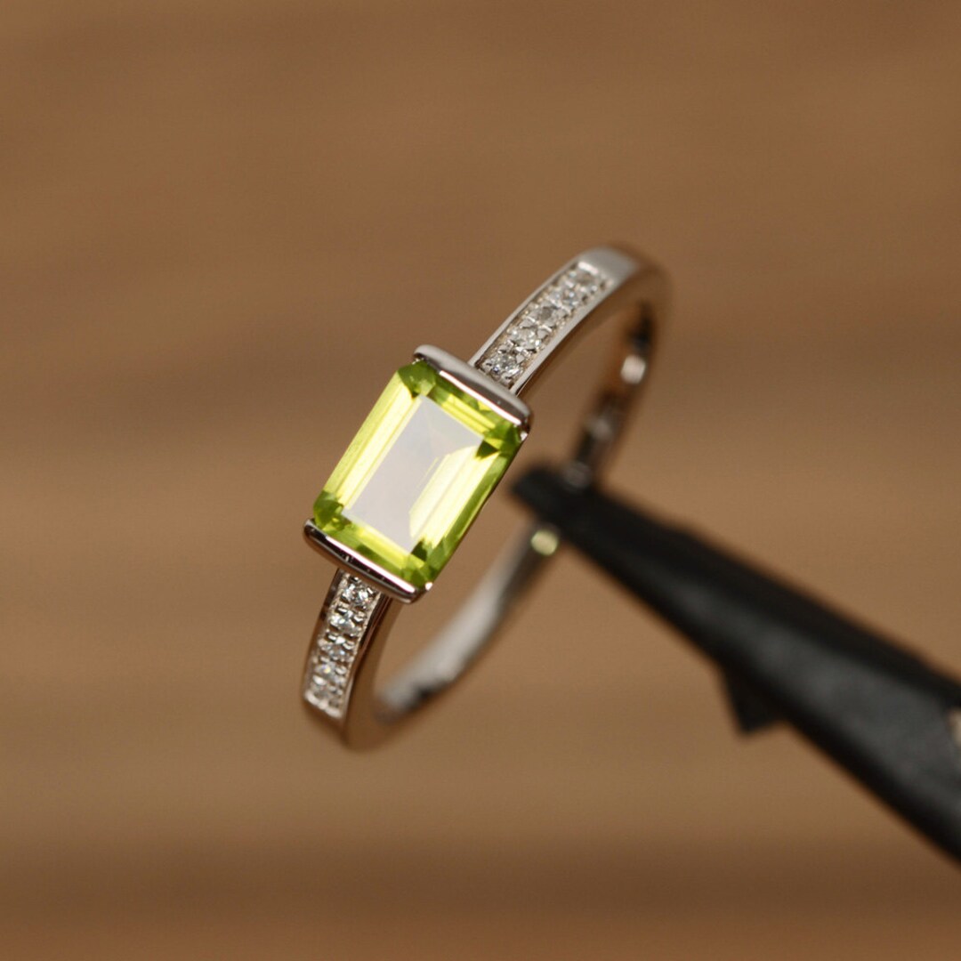 Green Peridot Ring Natural Gemstone Sterling Silver Engagement Ring ...