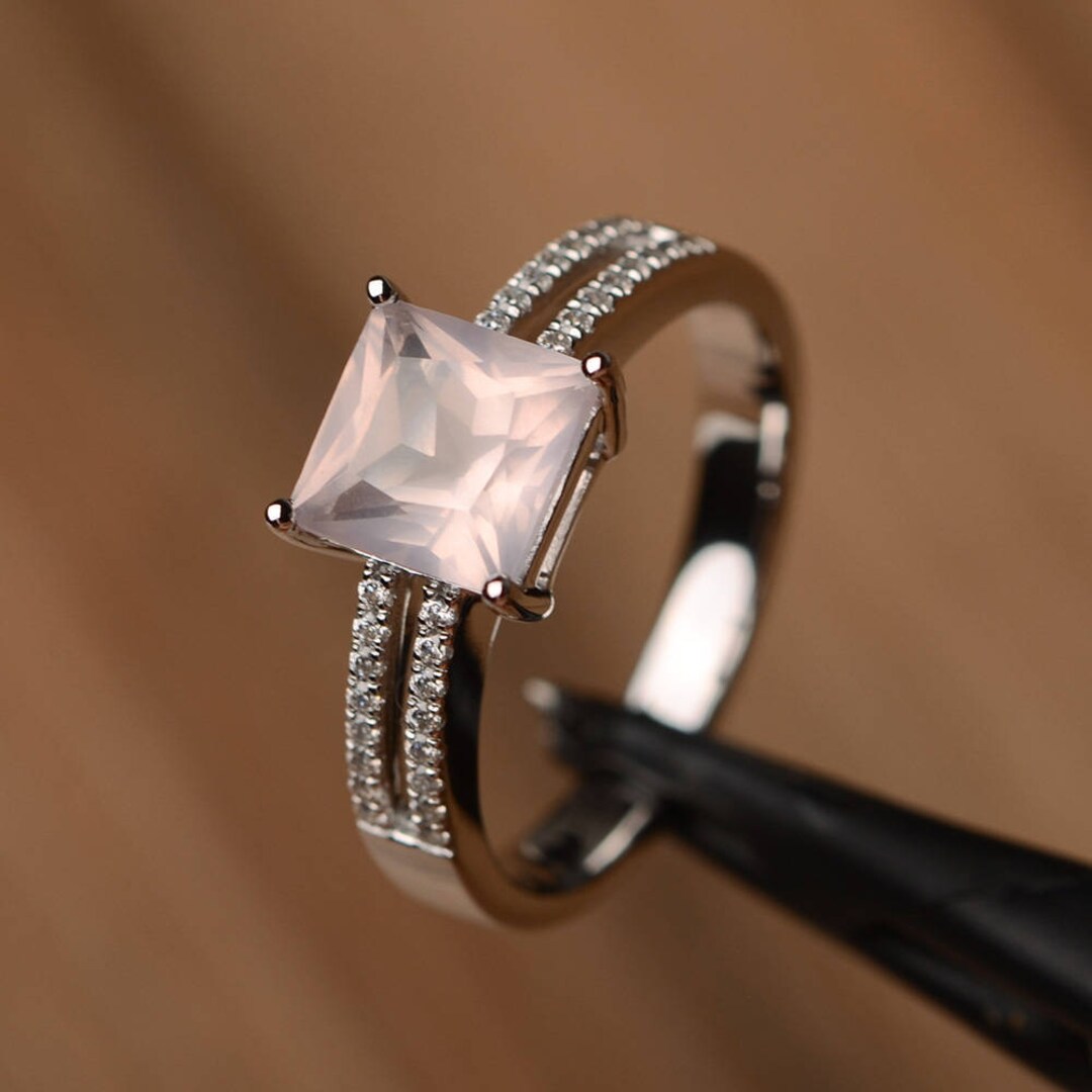 Square Cut Gemstone Ring Real Natural Pink Quartz Ring Engagement Ring ...