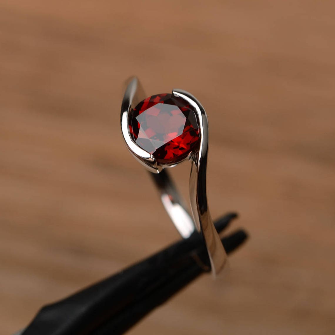 Natural garnet ring round cut sterling silver solitaire | Etsy