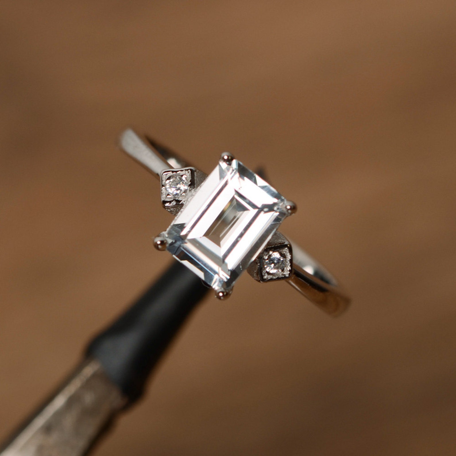 White Topaz Ring Sterling Silver Ring Emerald Cut Topaz | Etsy