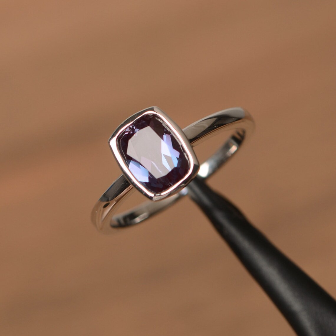 Bezel Setting Alexandrite Solitaire Ring Elongated Cushion Cut | Etsy