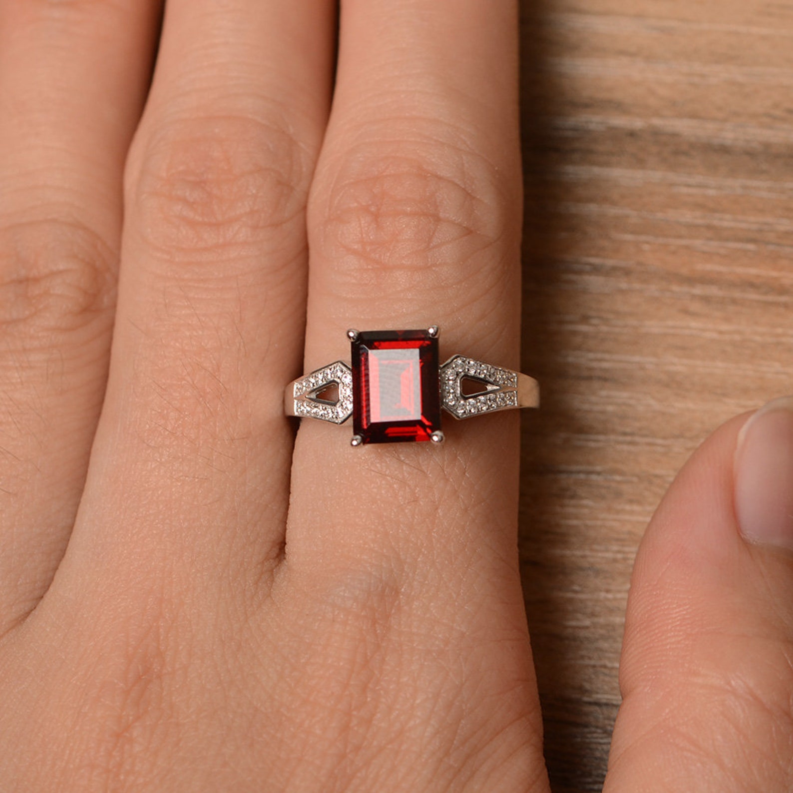 Emerald Cut Garnet Engagement Ring for Women Sterling Silver - Etsy