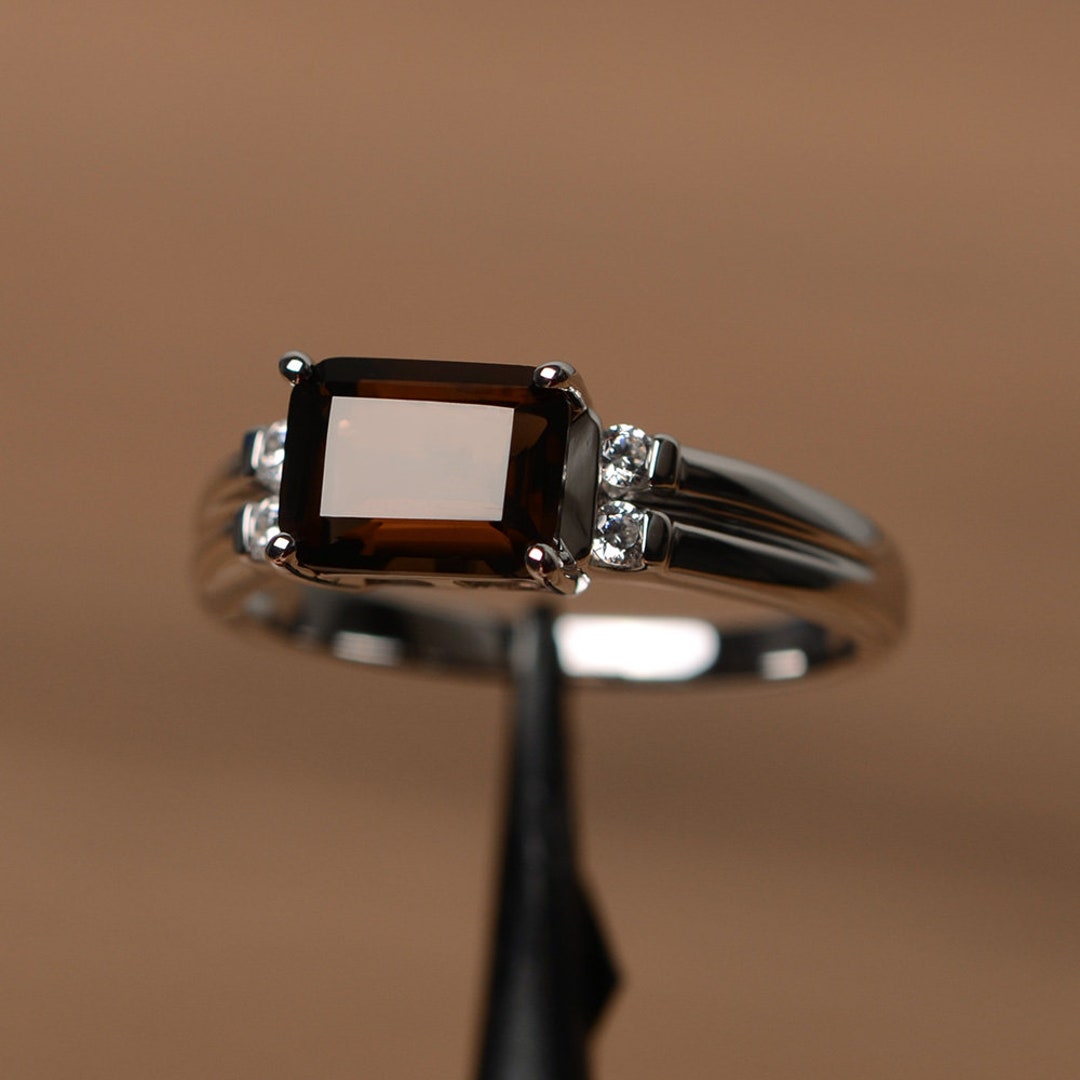 Smoky Quartz Ring Brown Gemstone Ring Emerald Cut Silver Ring ...