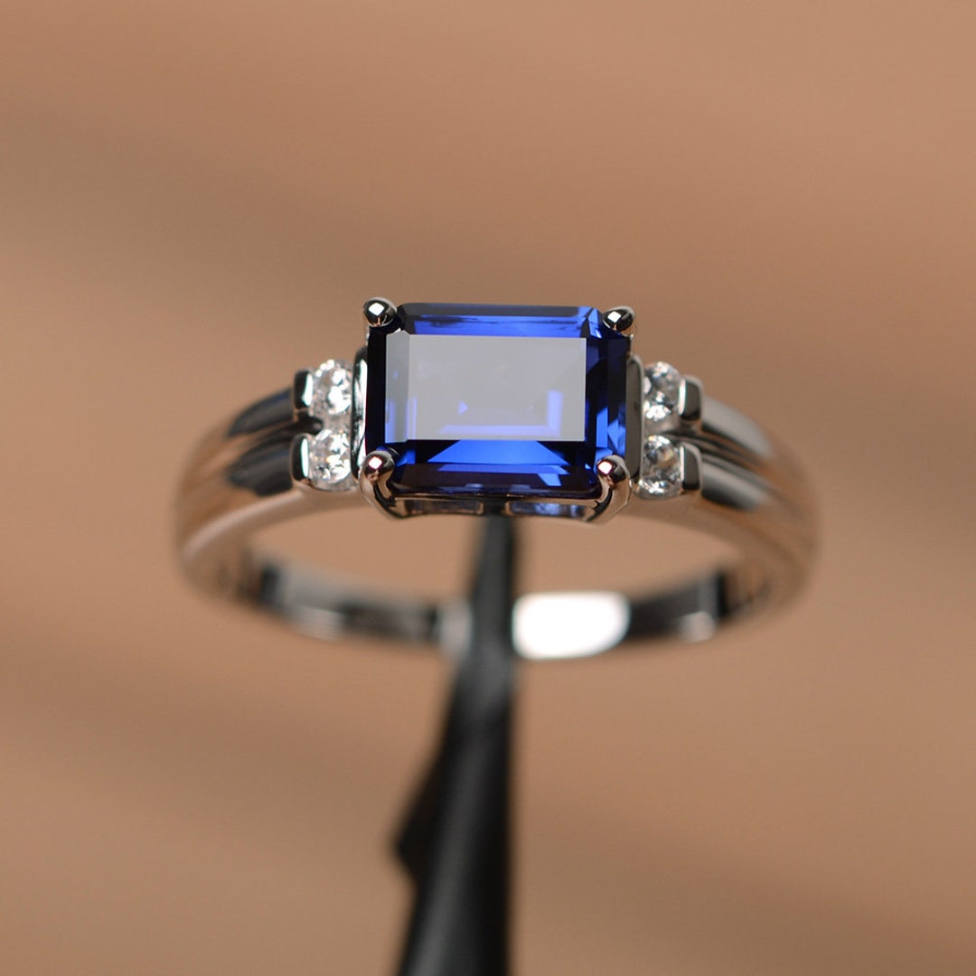 Lab Sapphire Ring September Birthstone Ring Emerald Cut Blue Gemstone ...