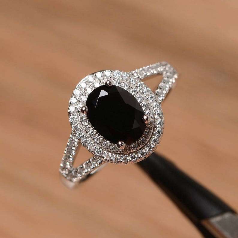 Halo Real Natural Black Spinel Ring Promise Ring Sterling - Etsy
