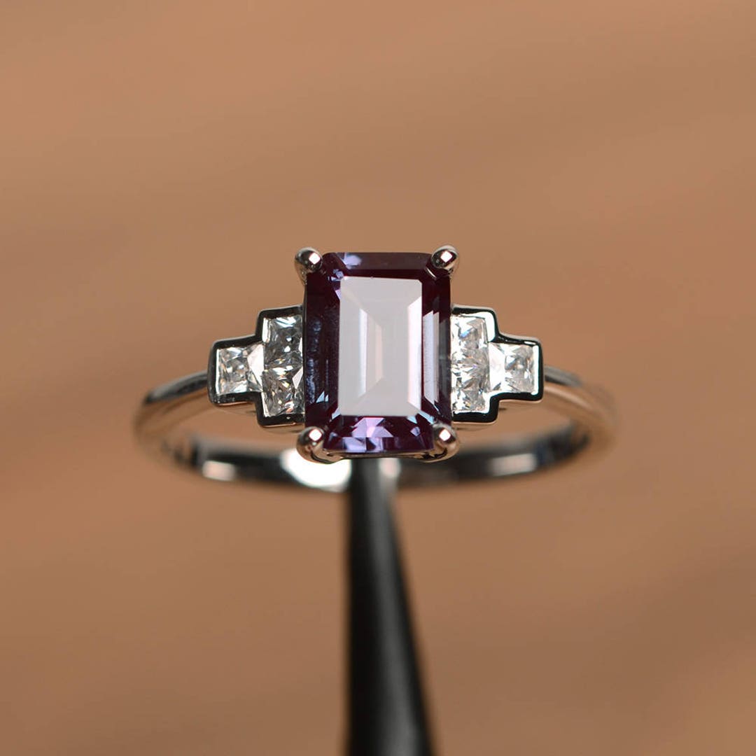 Alexandrite Ring June Birthstone Emerald Cut Sterling Silver Engagement ...