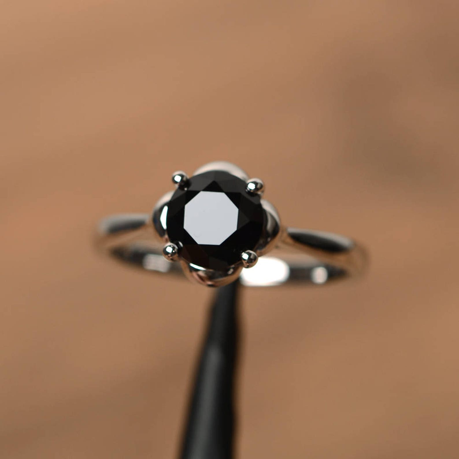 Natural Black Spinel Ring Round Cut Sterling Silver Solitaire - Etsy