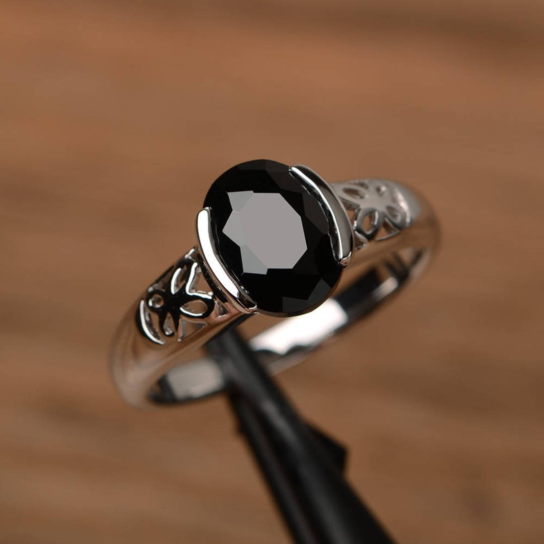 Half Bezel Setting Black Spinel Ring Oval Cut Black Stone Cocktail Ring ...