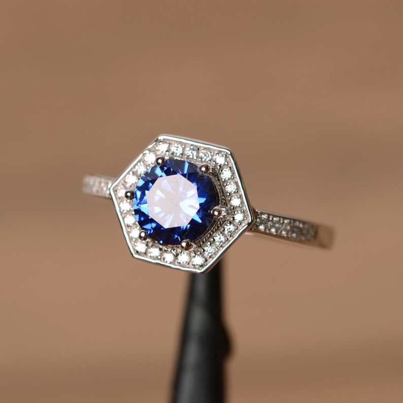 Lab Sapphire September Birthstone Ring 14k White Gold Round - Etsy