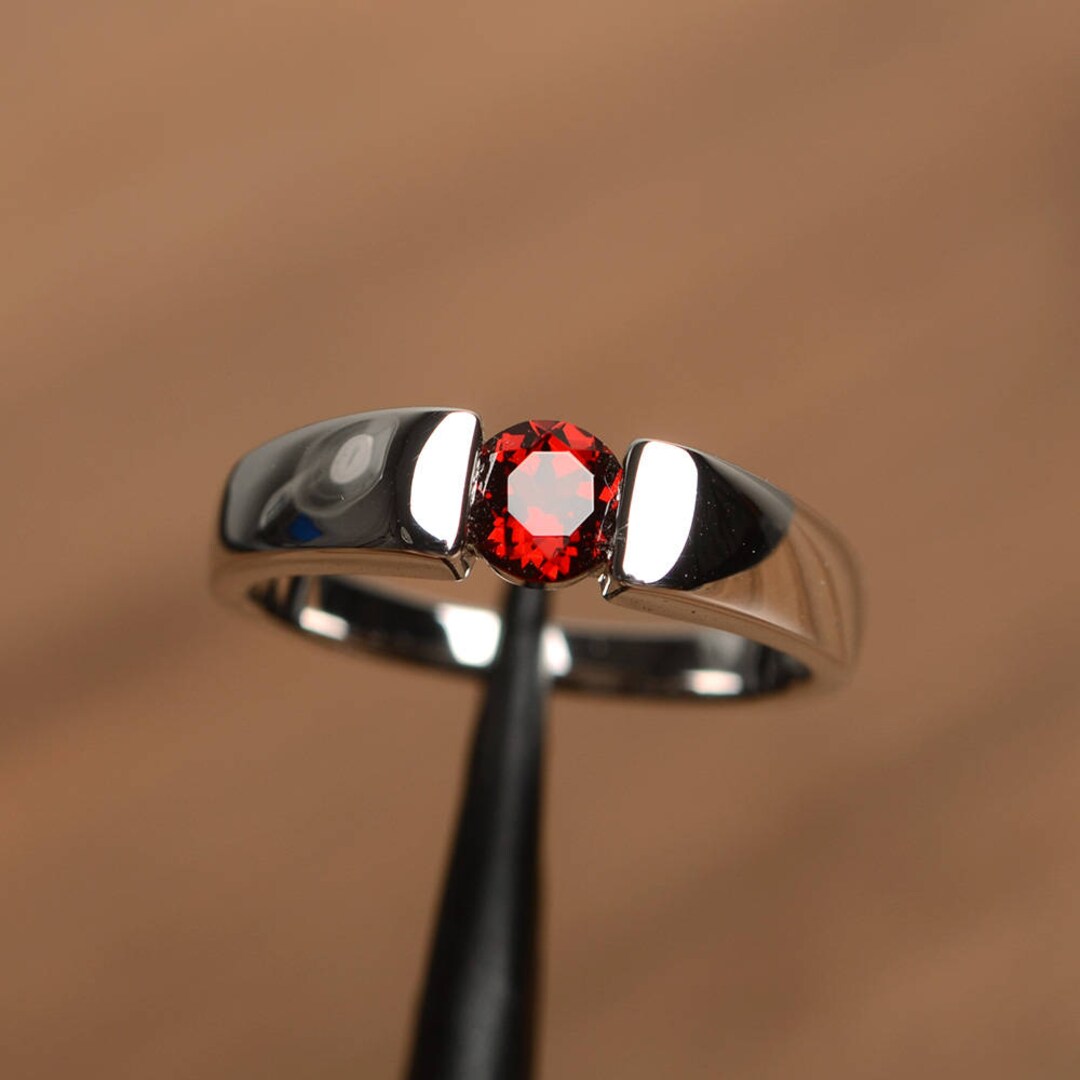 Natural Garnet Engagement Ring Round Cut Solitaire Ring Sterling Silver ...