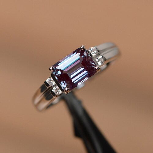 Lab Alexandrite Ring Emerald Cut Engagement Ring White Gold - Etsy