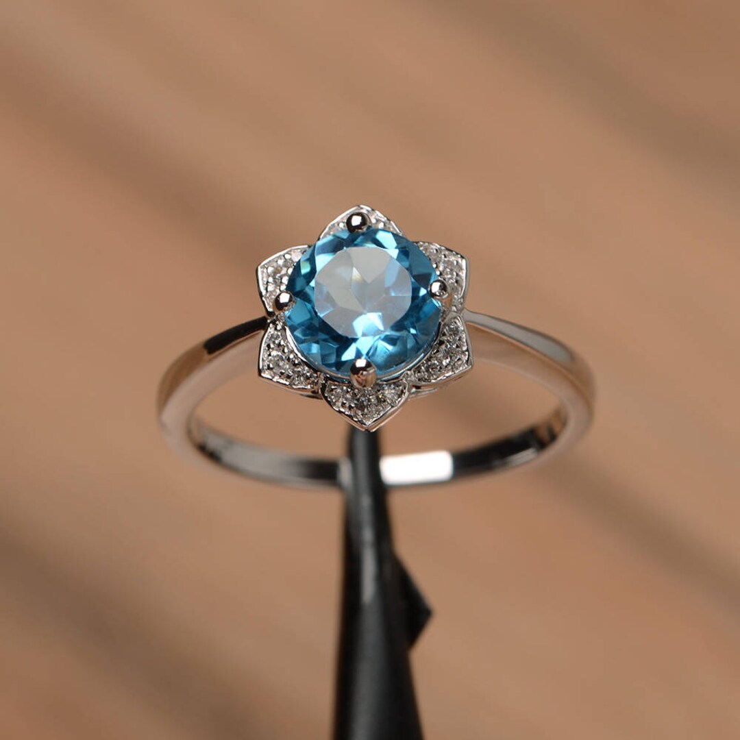 Swiss Blue Topaz Ring Engagement Anniversary Ring Sterling Silver Round ...