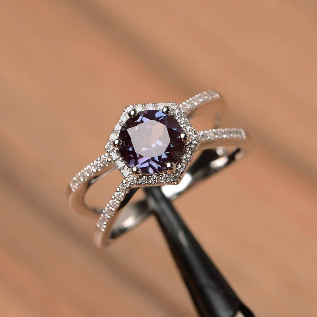 Round Cut Lab Alexandrite Ring Engagement Ring June Birthstone Sterling ...