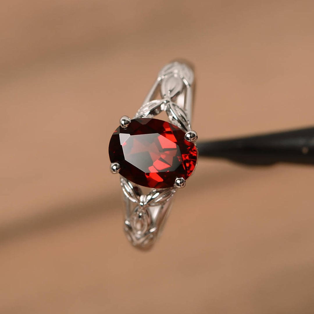 Real Natural Red Garnet Ring Engagement Wedding Ring Oval Cut Sterling ...