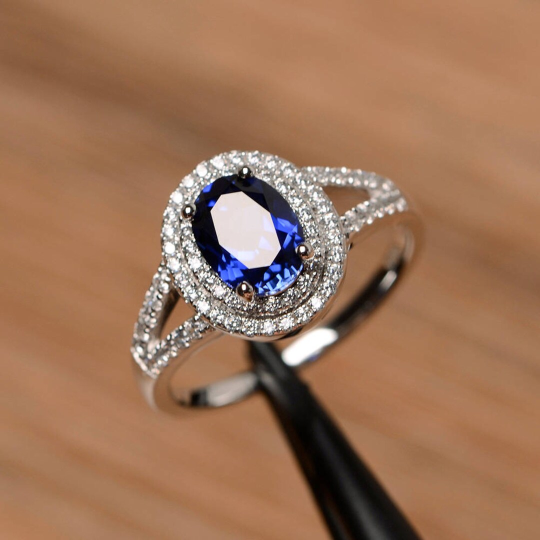 Lab Blue Sapphire Ring Anniversary Ring Sterling Silver Ring Oval Cut ...