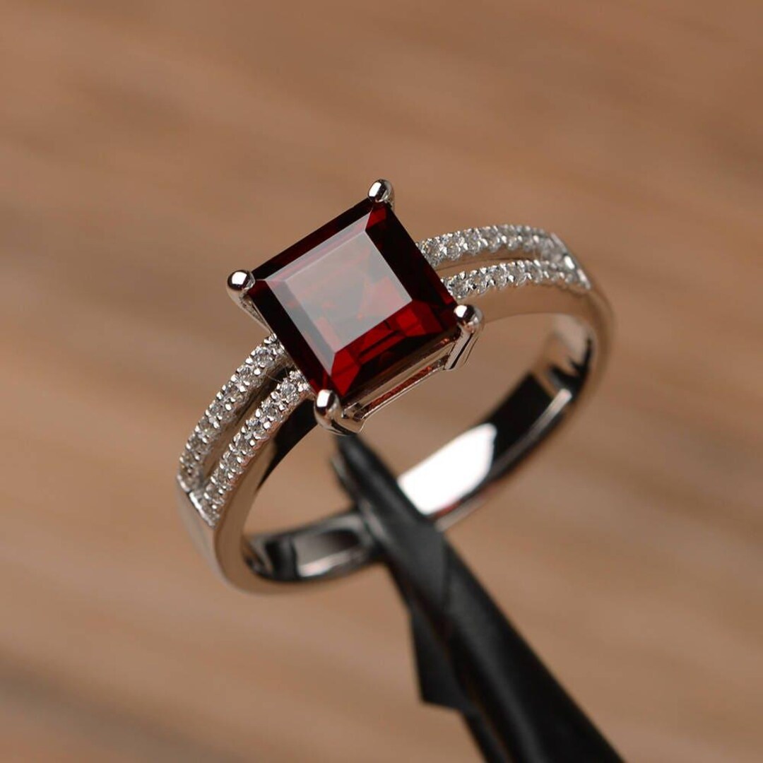 Garnet Ring Square Cut January Birthstone Ring Sterling Silver ...