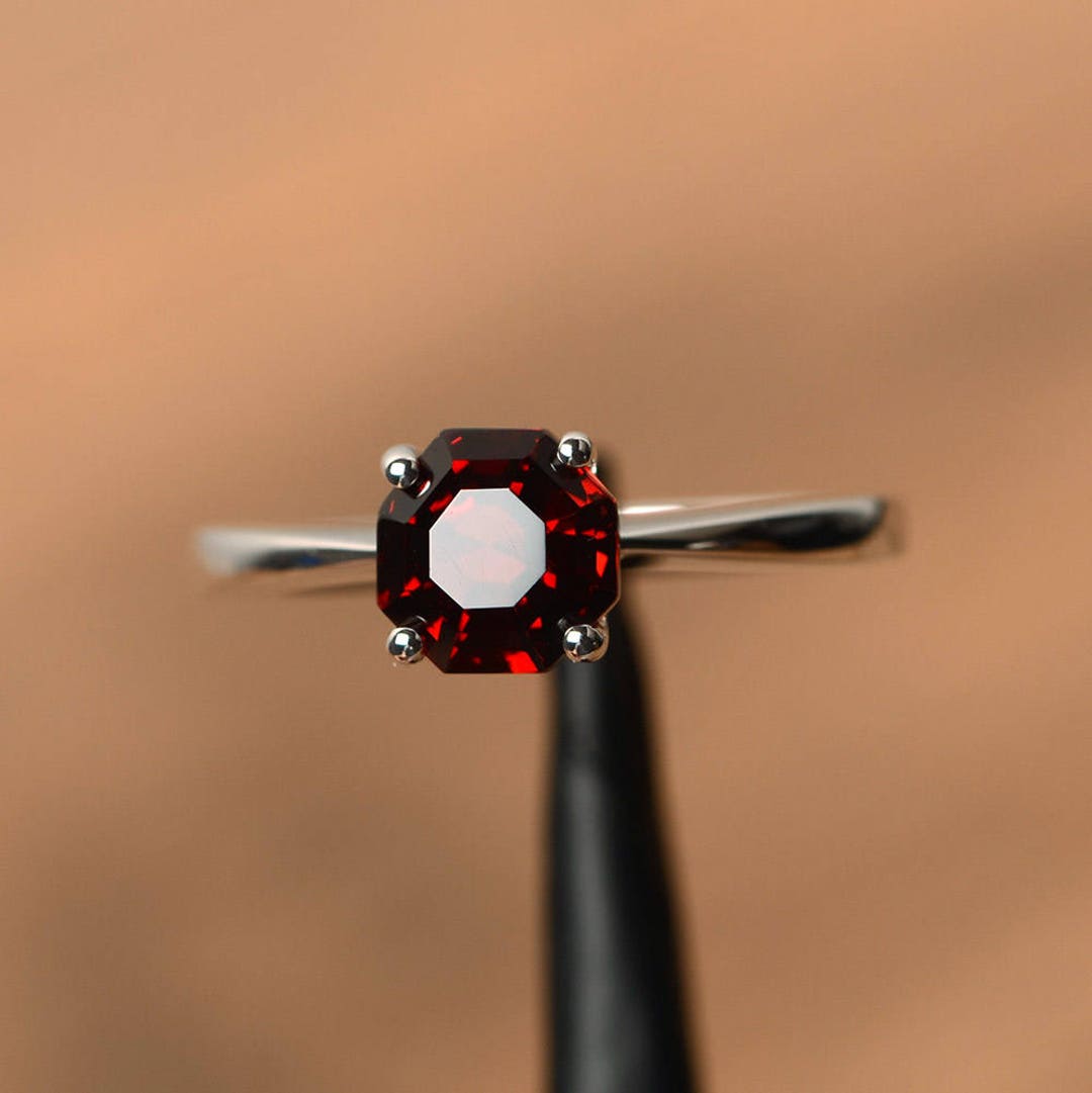 Natural Red Garnet Rings January Birthstone Octagon Cut Rings Silver ...