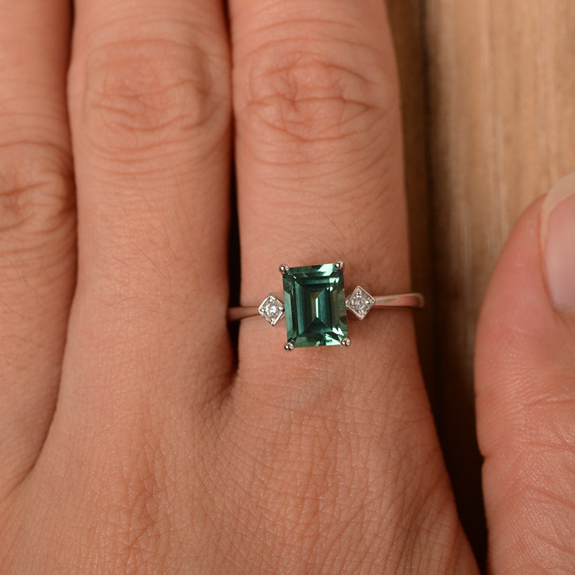 Green Sapphire Ring Emerald Cut Teal Gemstone White Gold - Etsy