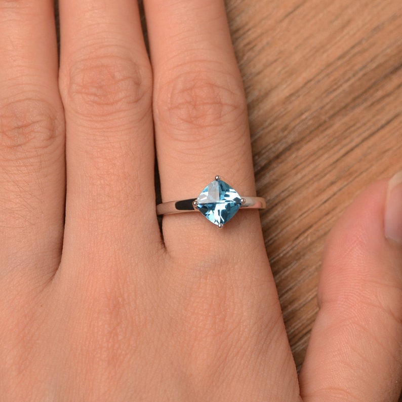 Swiss Blue Topaz Ring Anniversary Ring Blue Gemstone Cushion | Etsy
