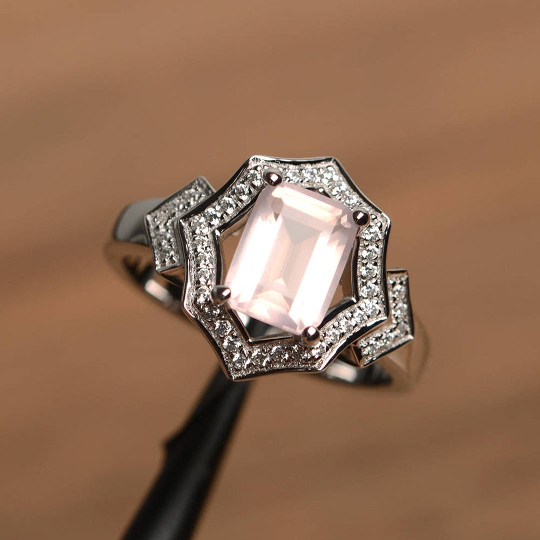 Natural Pink Quartz Ring Emerald Cut Pink Gemstone Ring Sterling Silver ...
