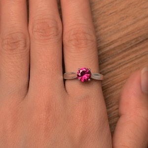 Lab Ruby Ring Round Cut Sterling Silver Solitaire Engagement Ring for ...