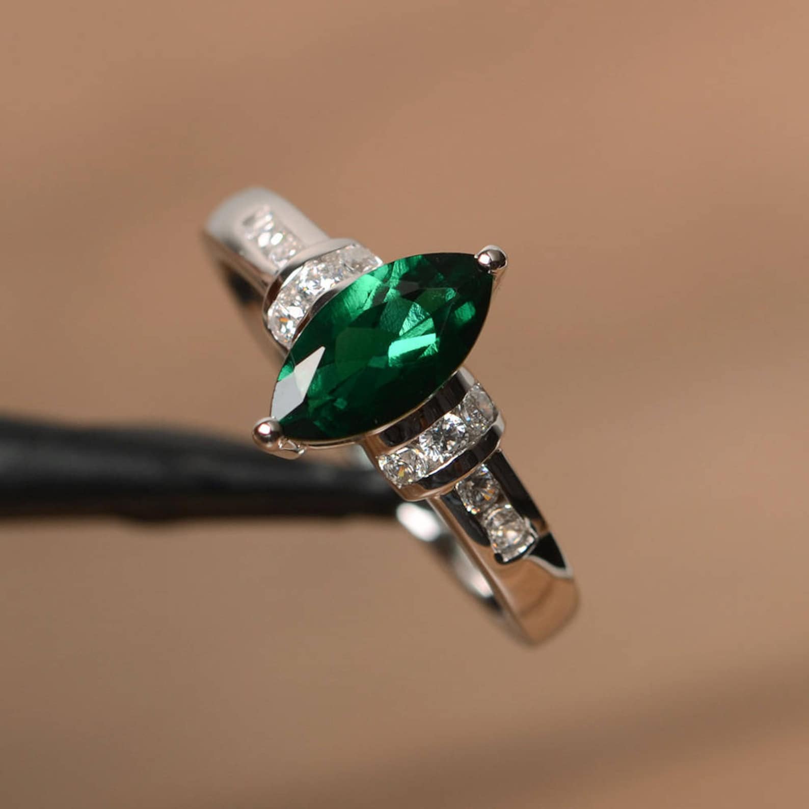 Green emerald ring May birthstone marquise cut sterling silver | Etsy