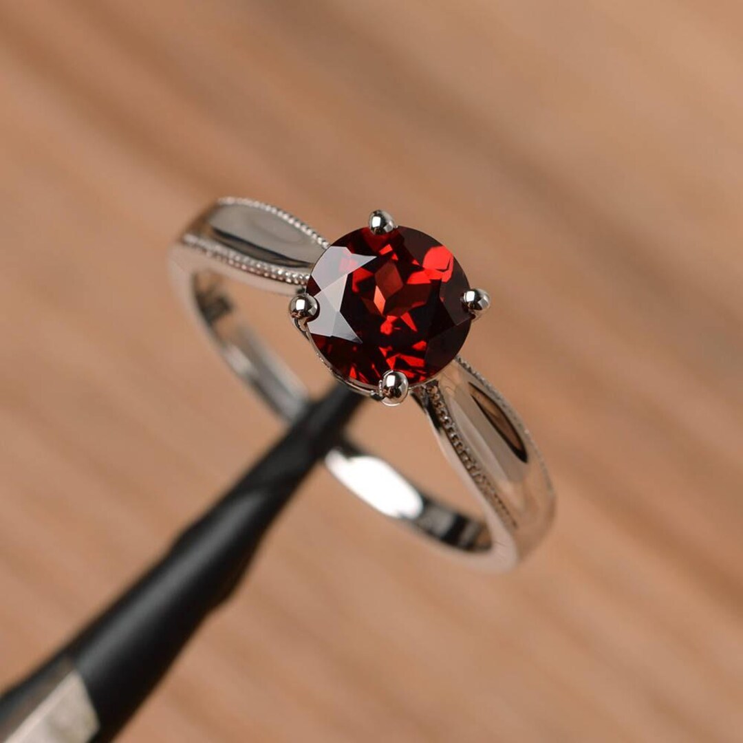 Garnet Ring Silver Round Cut Solitaire Engagement Ring for Women ...