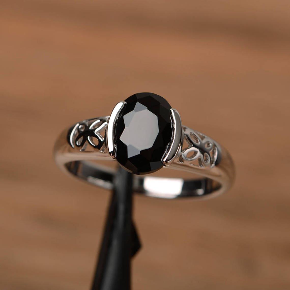Half Bezel Setting Black Spinel Ring Oval Cut Black Stone - Etsy