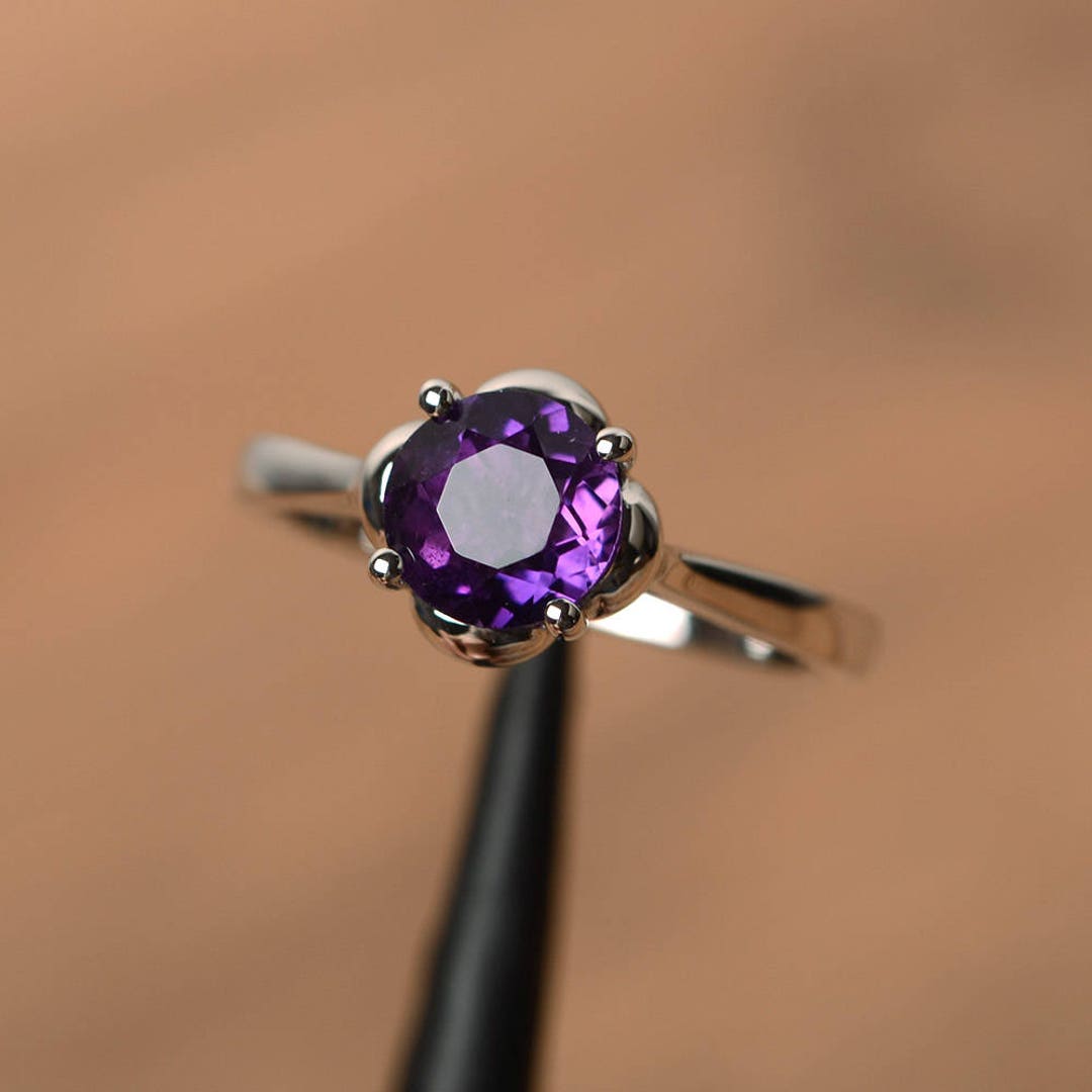 Solitaire Rings Natural Amethyst Promise Rings Round Cut Purple ...