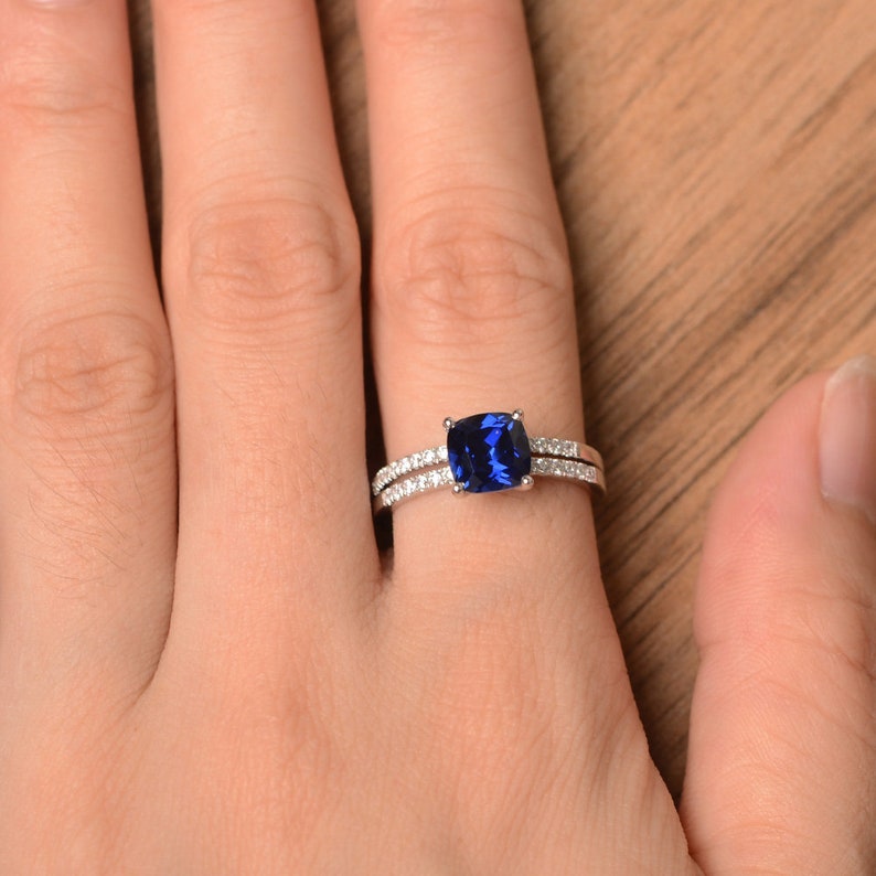 Blue sapphire ring engagement sterling silver cushion sapphire | Etsy
