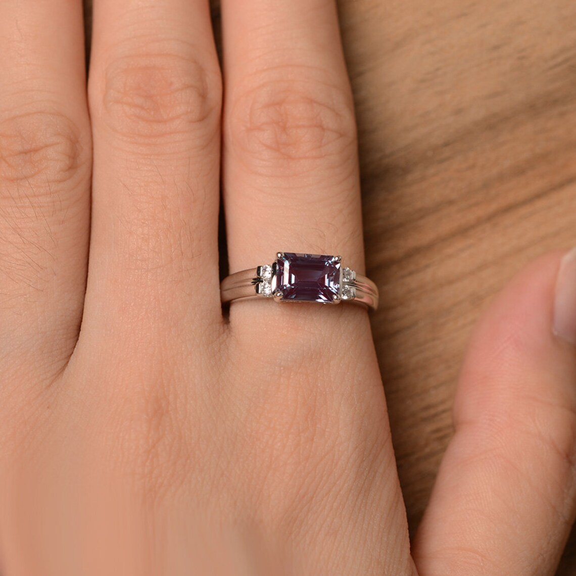 Lab Alexandrite Ring Emerald Cut Engagement Ring White Gold | Etsy