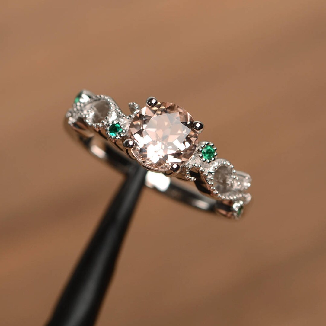 Morganite Ring Round Cut Pink Gemstone Ring White Gold Engagement Ring ...