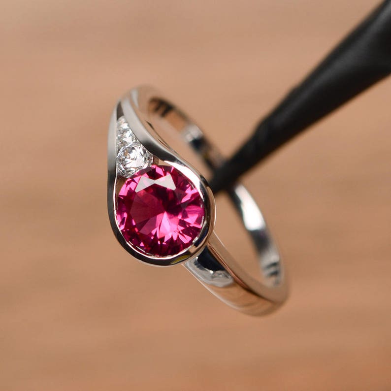 Lab Ruby Ring Sterling Silver for Women Round Cut Red Gemstone | Etsy