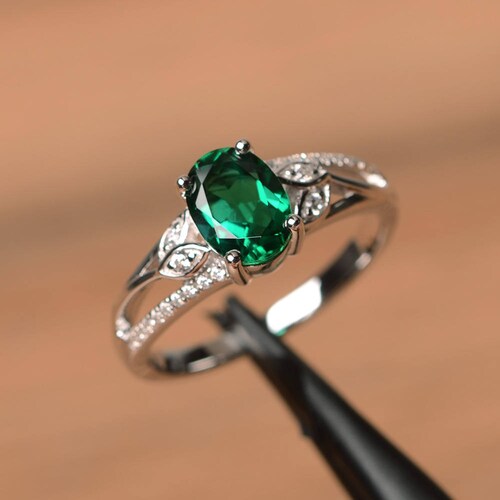 Lab Green Emerald Ring Promise Wedding Ring Oval Cut Sterling - Etsy